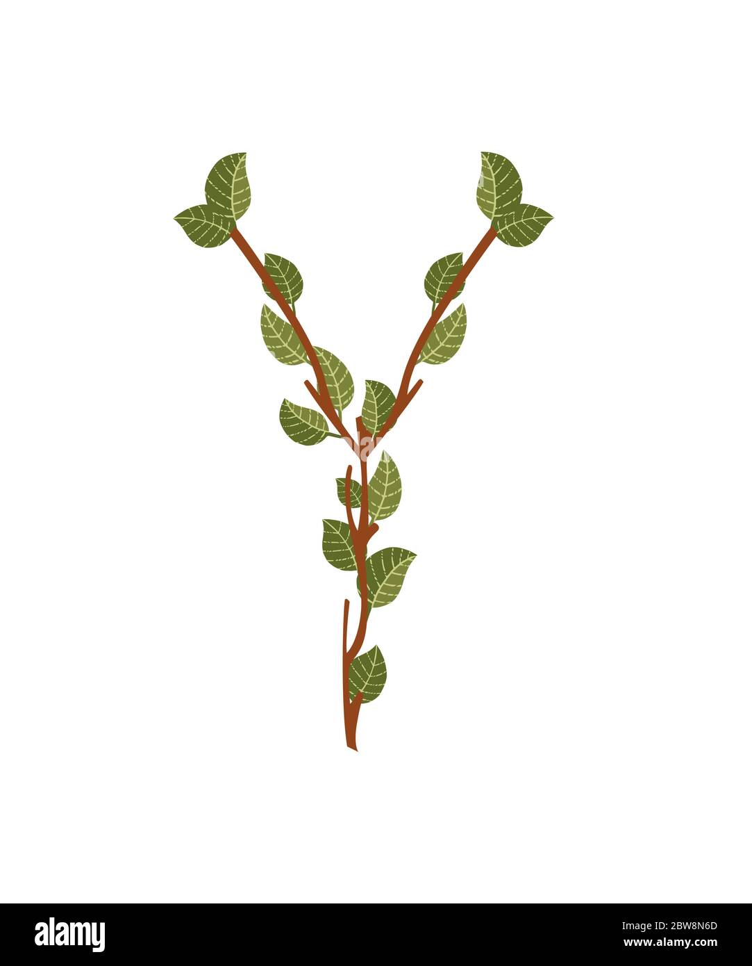 Letter Y brown tree branches with green leaves eco font flat vector ...