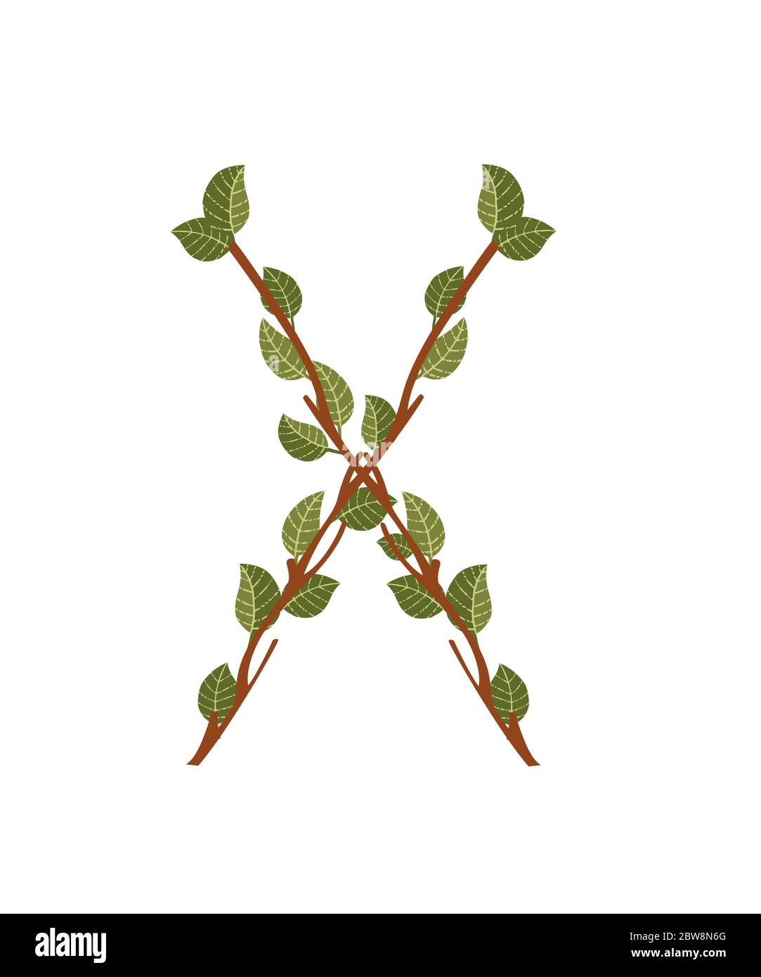 Letter X brown tree branches with green leaves eco font flat vector ...