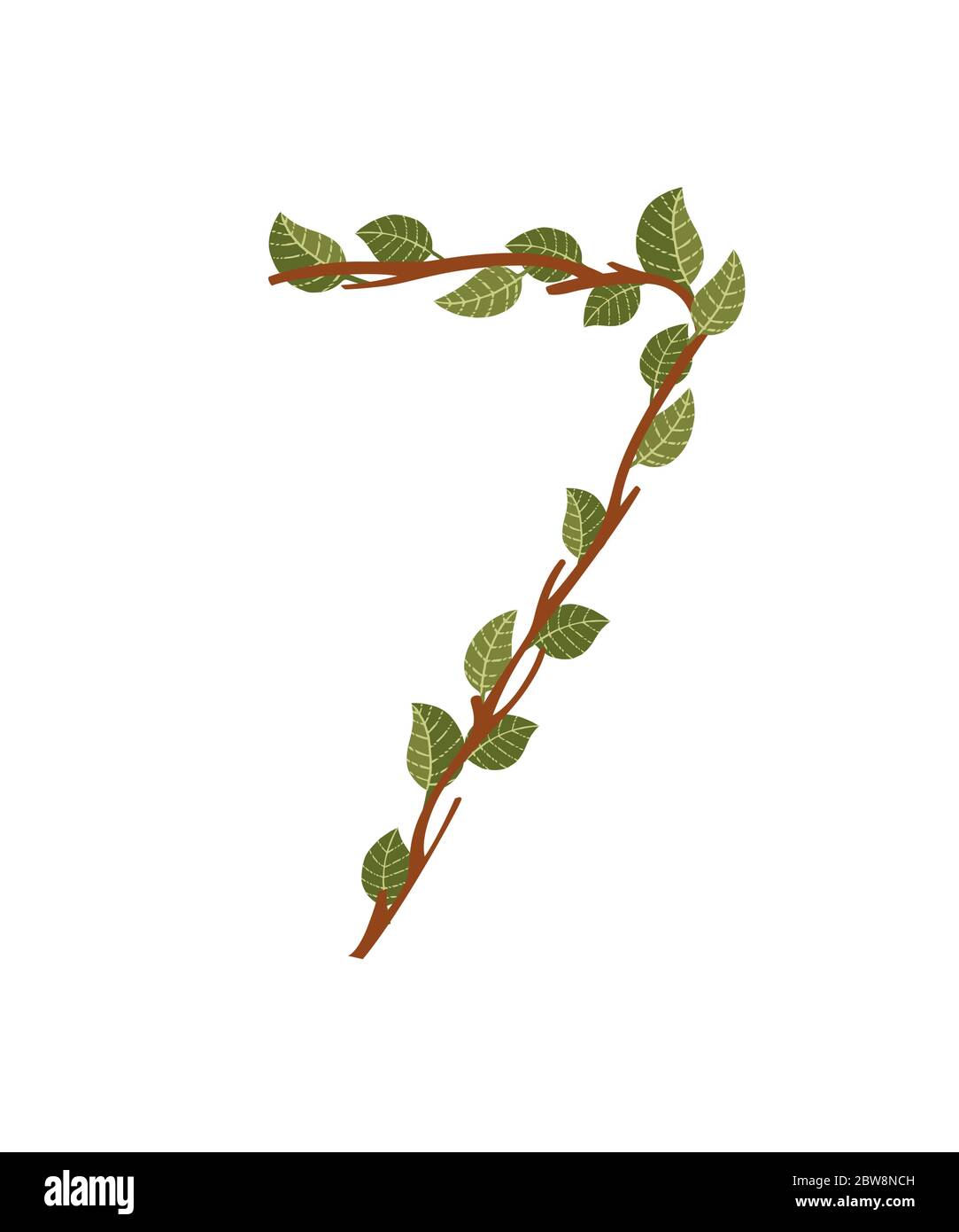 Number 7 brown tree branches with green leaves eco font flat vector ...