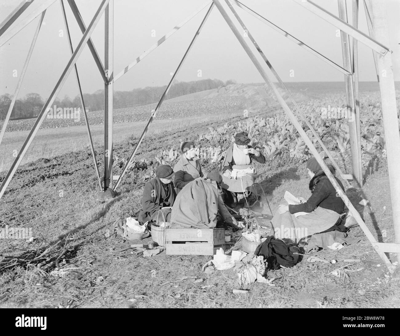 Farm workers sitting under a pylon , eating their lunch . 1936 Stock ...