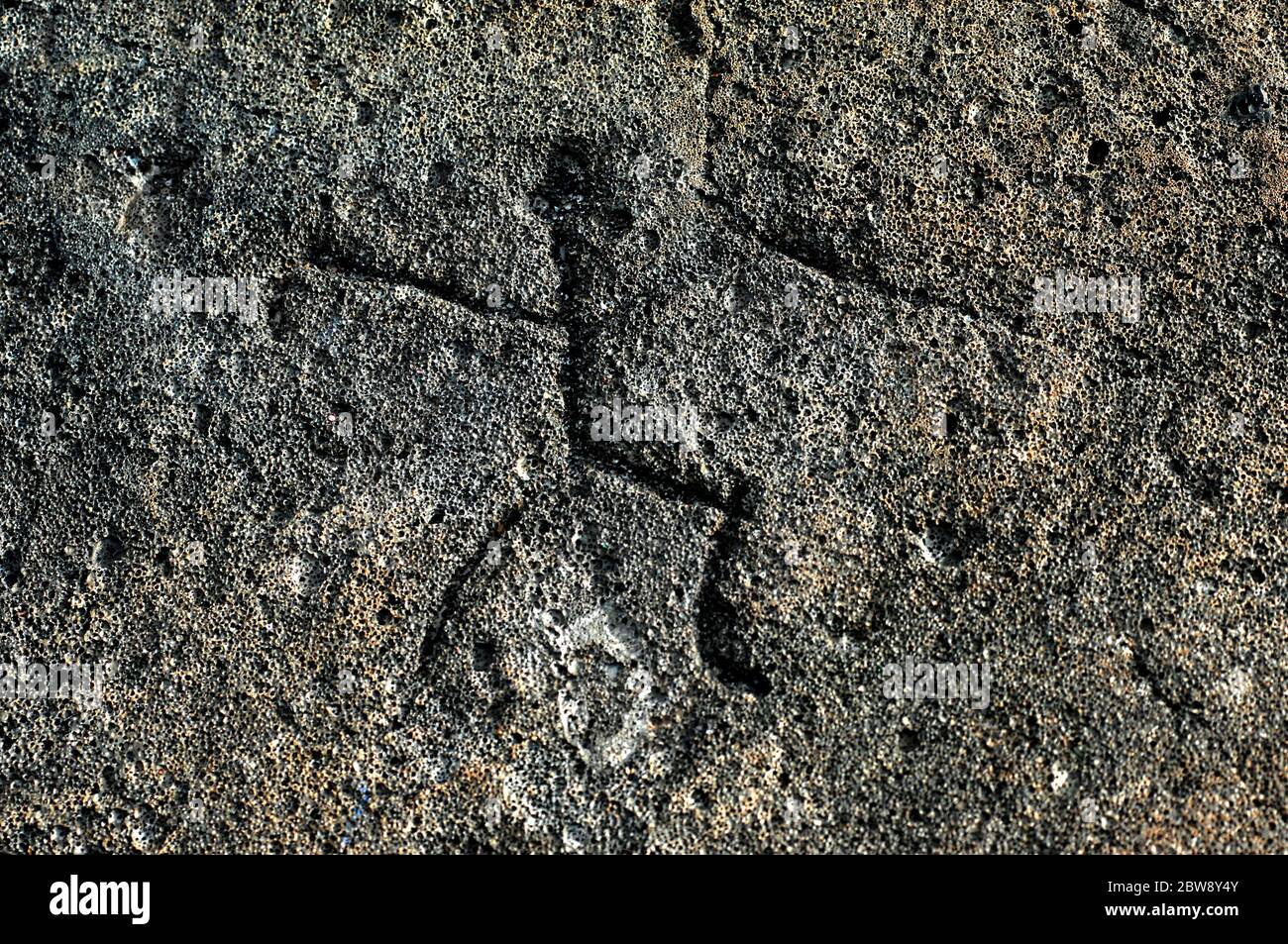 Petroglyph drawing of a warrior with spear is carved in stone. A gift ...