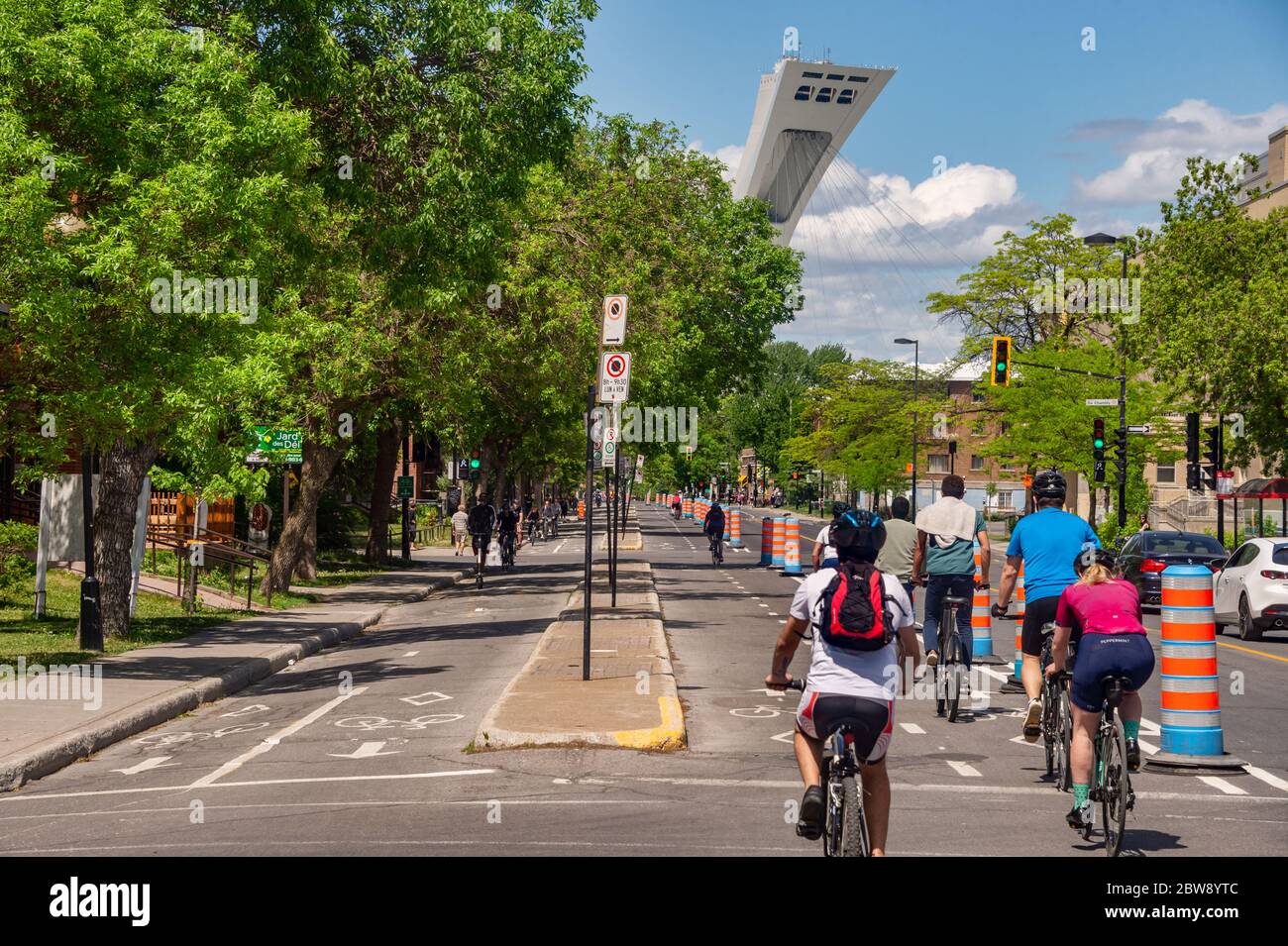 Montreal, CA - 30 May 2020: Cycling corridor on Rachel Street in the ...