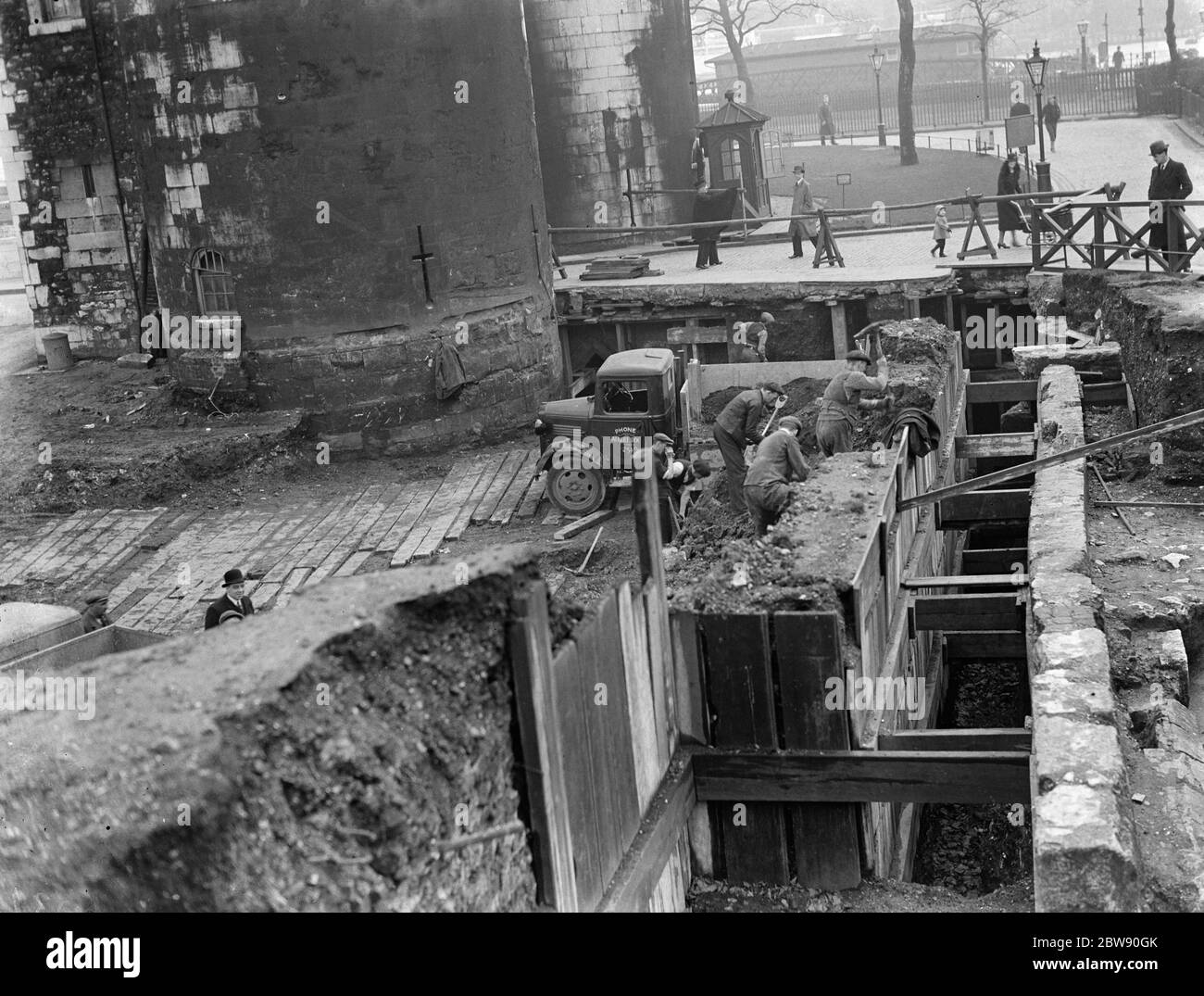 The site of the excavations at the Tower of London . 1937 Stock Photo ...