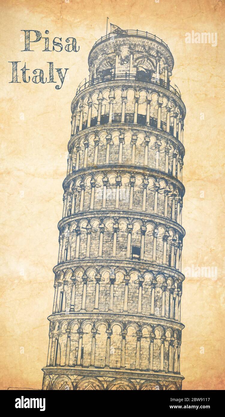 Sketch of leaning Tower of Pisa on old paper Stock Photo - Alamy