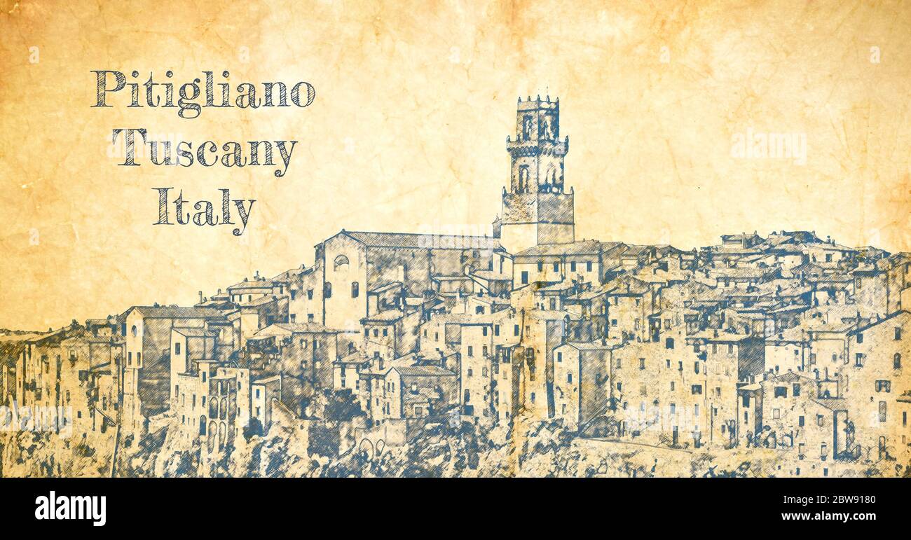 Sketch of Pitigliano city on old paper, Italy Stock Photo - Alamy