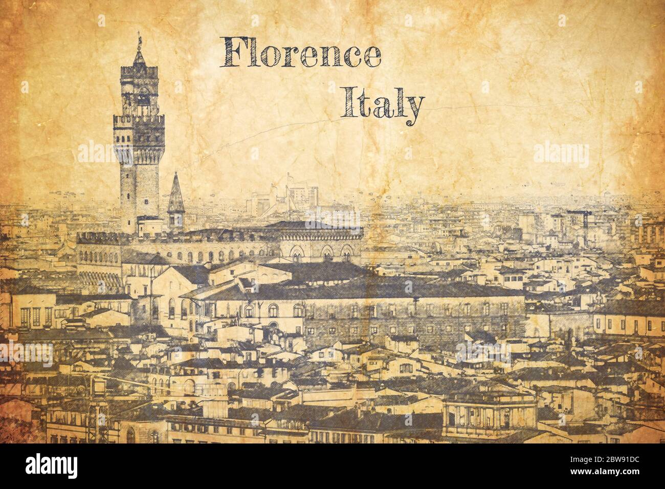 Sketch of architecture in Florence on old paper, Italy Stock Photo - Alamy