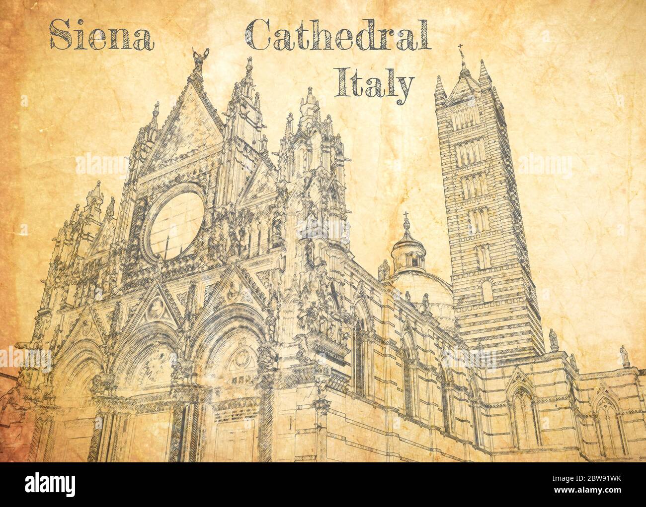 Siena Cathedral on old paper, Italy, sketch on old paper Stock Photo ...