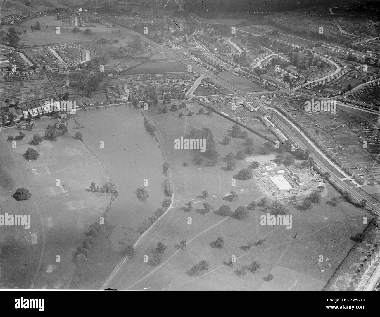 An aerial view of Danson Park and Bexleyheath in Kent . 1939 Stock ...
