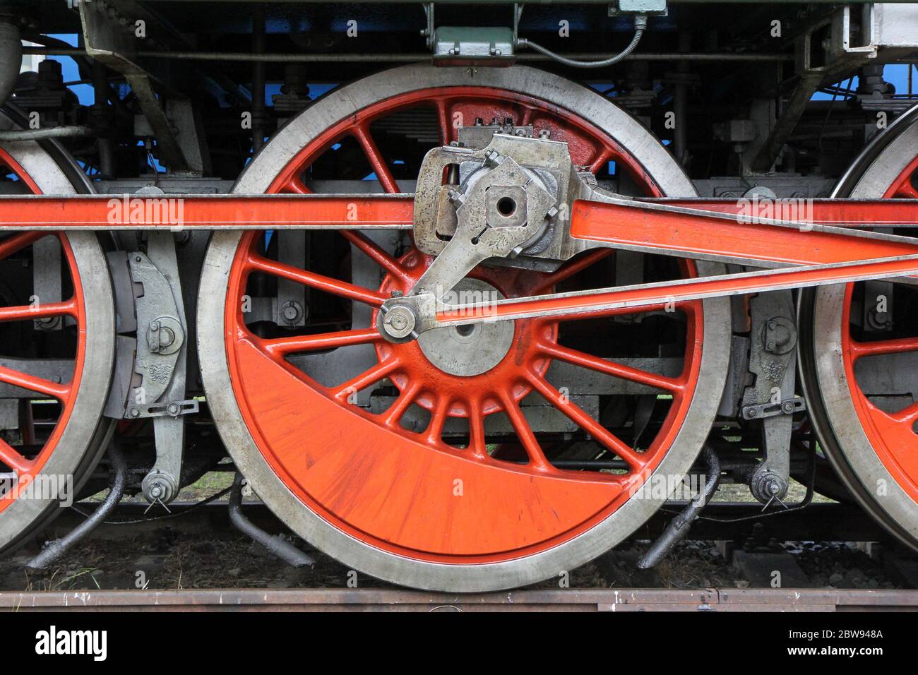 The wheel machinery of a locomotive. Exhibition of old locomotives and ...