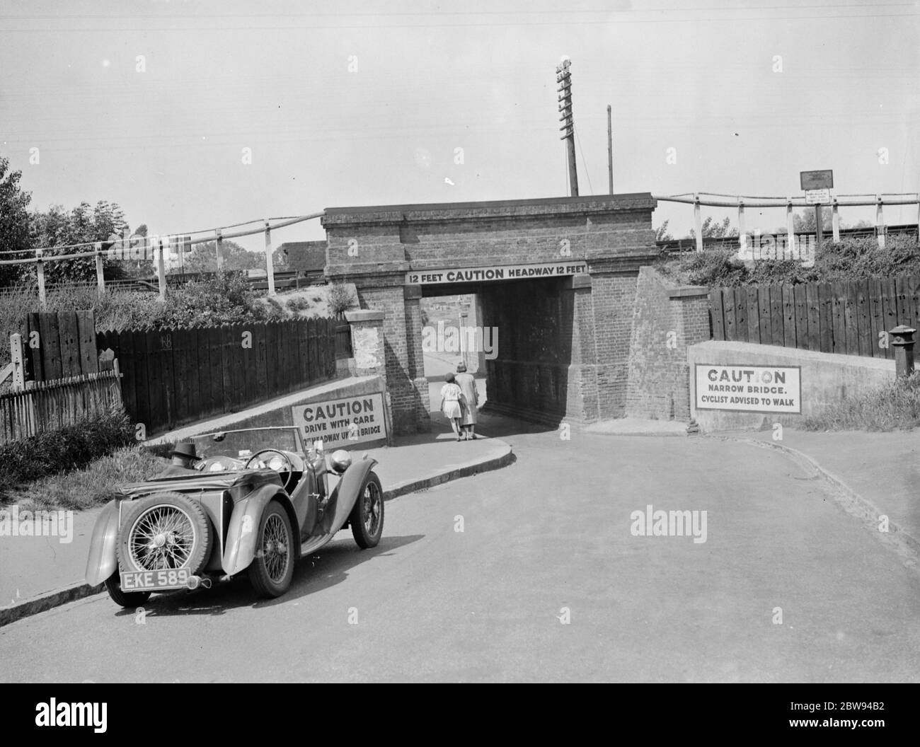 Caution signs on a narrow bridge in Crayford , Kent . 1938 Stock Photo ...