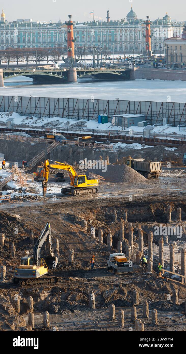 Top view of construction site with reinforced concrete piles and ...