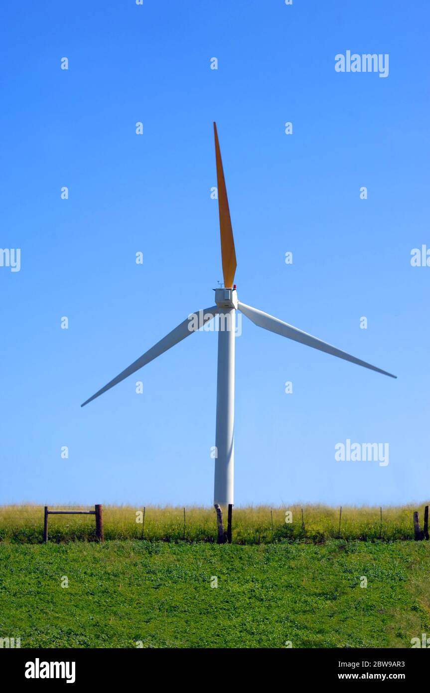 Wind turbine stands above the fence line. Blue sky and green grass ...