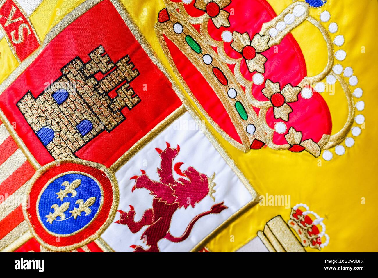 Detail of the historical shield of the national flag of Spain Stock ...