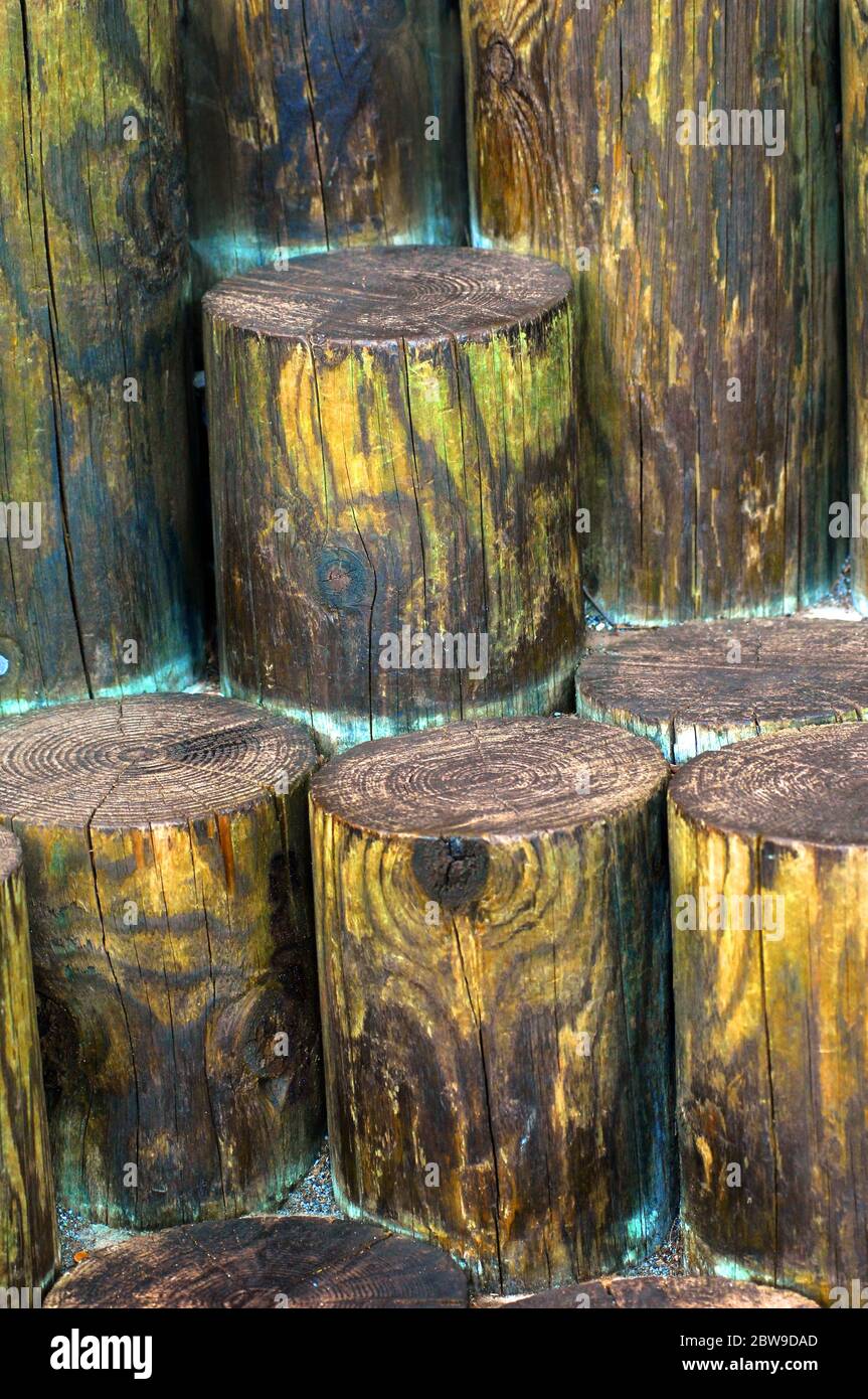 Round wooden timbers are staggered in heights to form unusual steps ...