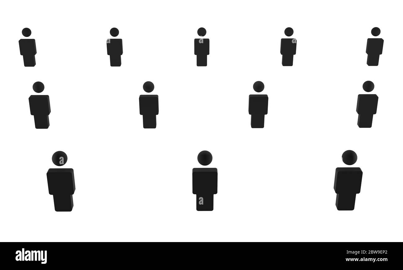 Rows of black abstract 3D rendering of a group of people or crowd ...