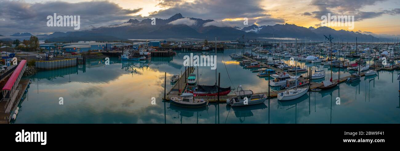 Seward Boat Harbor and waterfront panorama in fall, Seward, Kenai ...