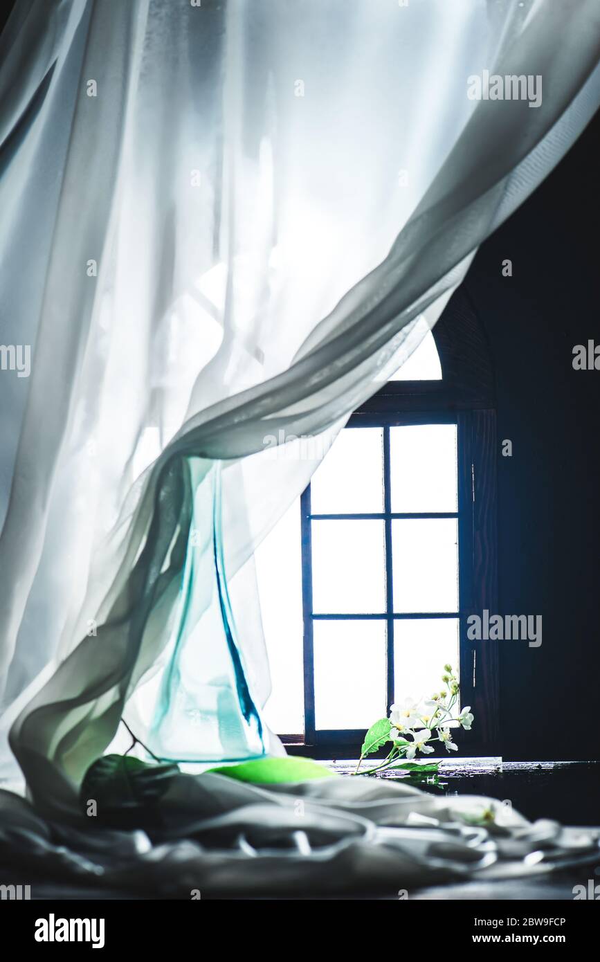 Half open window with glass bottles and tulle drapery, spring still ...