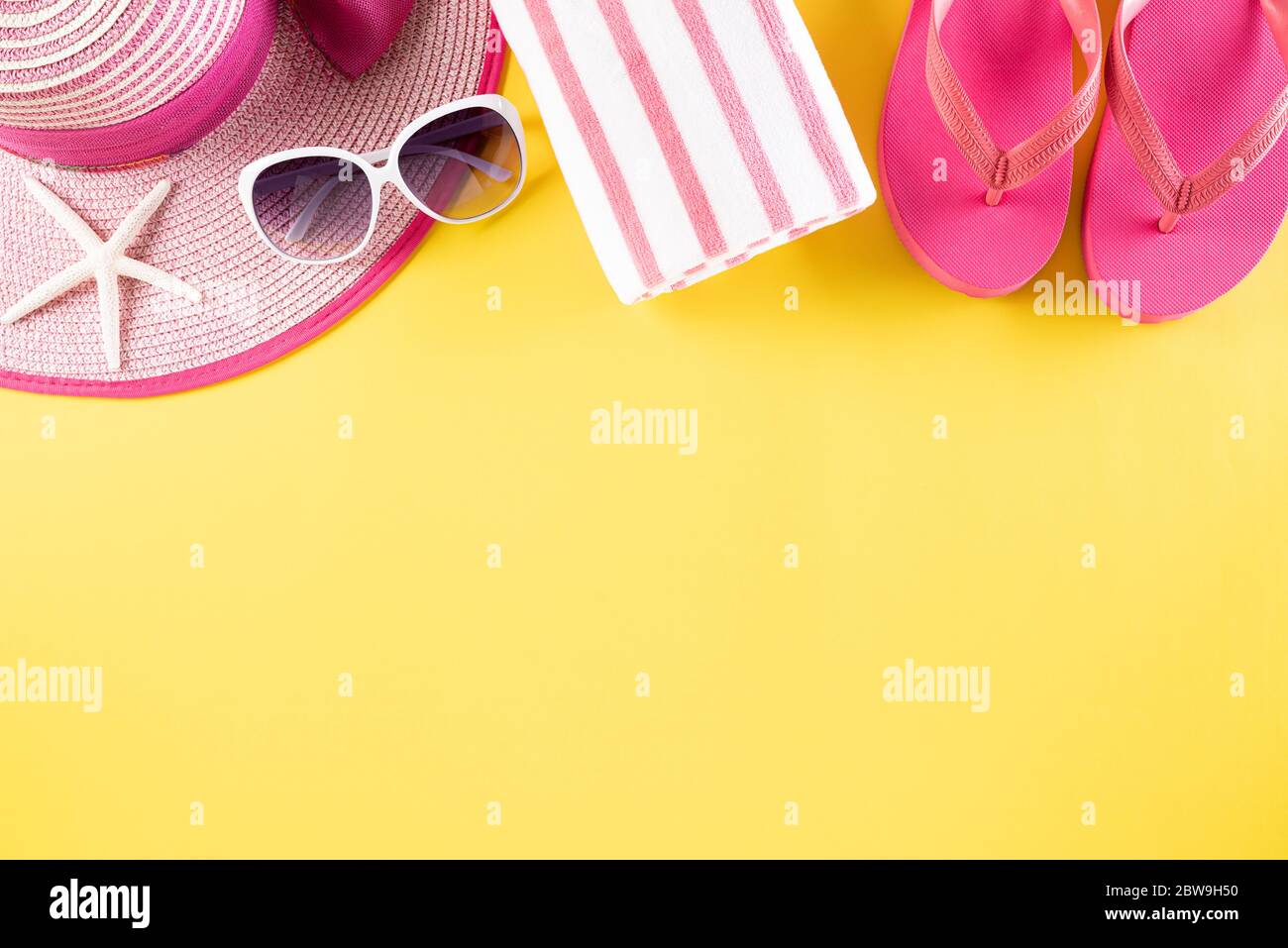 Beach accessories flip flop, sunglasses, starfish, beach hat and sea ...