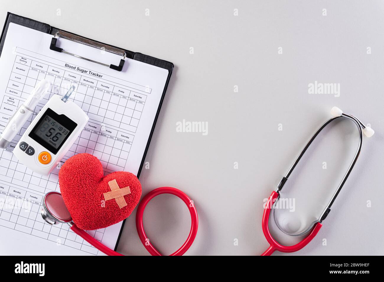 World diabetes day concept, Blood drop examination tool kit, Red heart ...