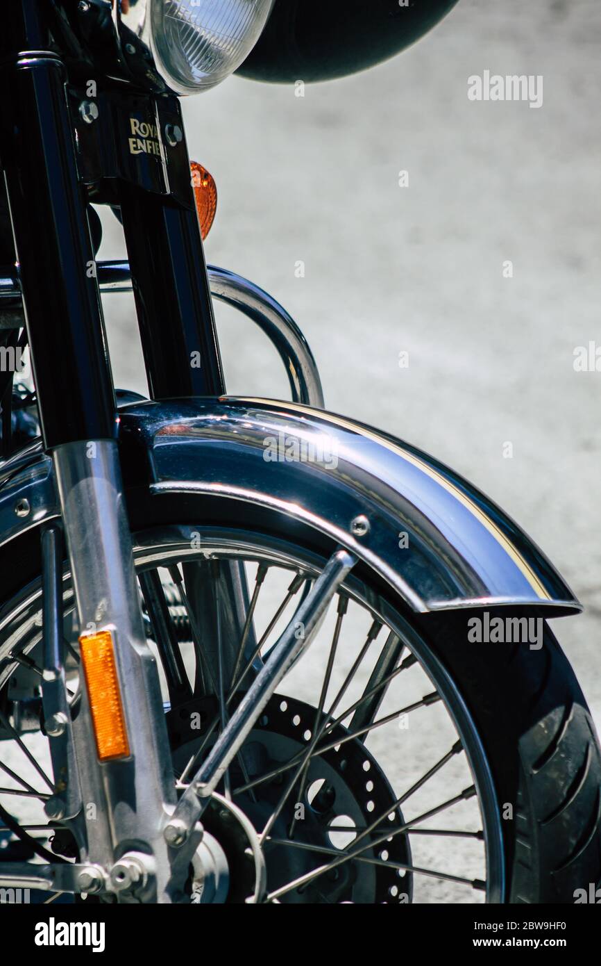 Limassol Cyprus May 30, 2020 Closeup of a Royal Enfield motorcycle ...