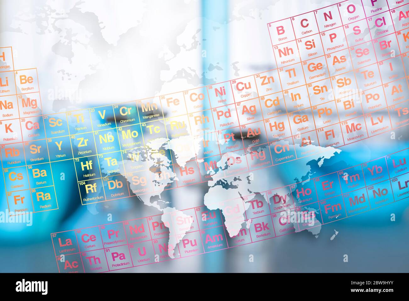 Digital composite with periodic table, laboratory glassware and world ...