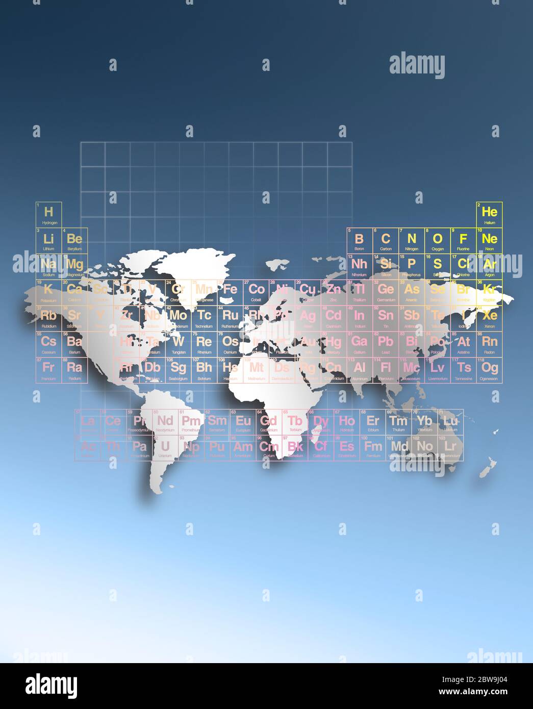 Digitally generated image of world map and periodic table Stock Photo ...