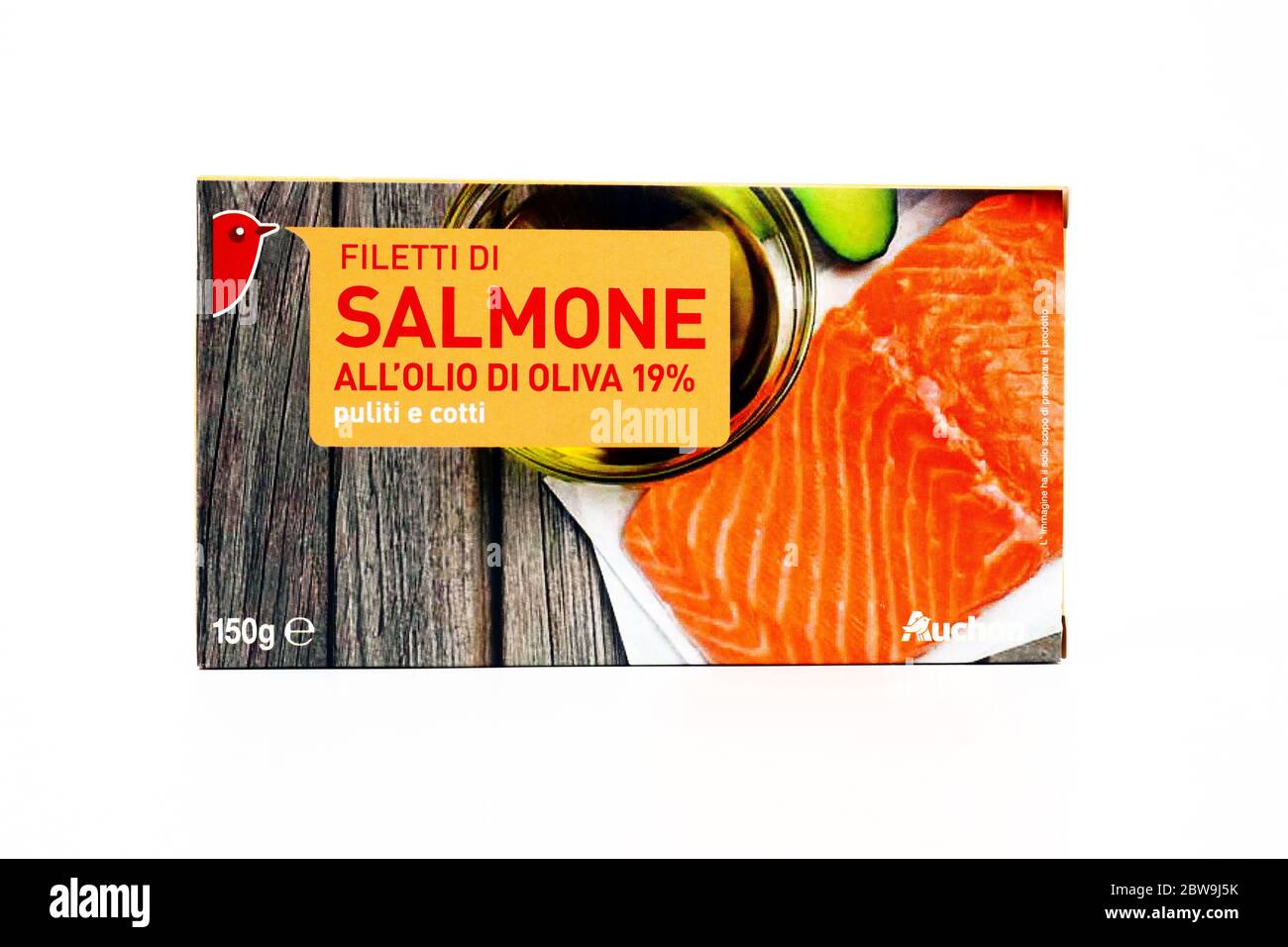 canned Salmon sold by Auchan supermarket chain Stock Photo - Alamy