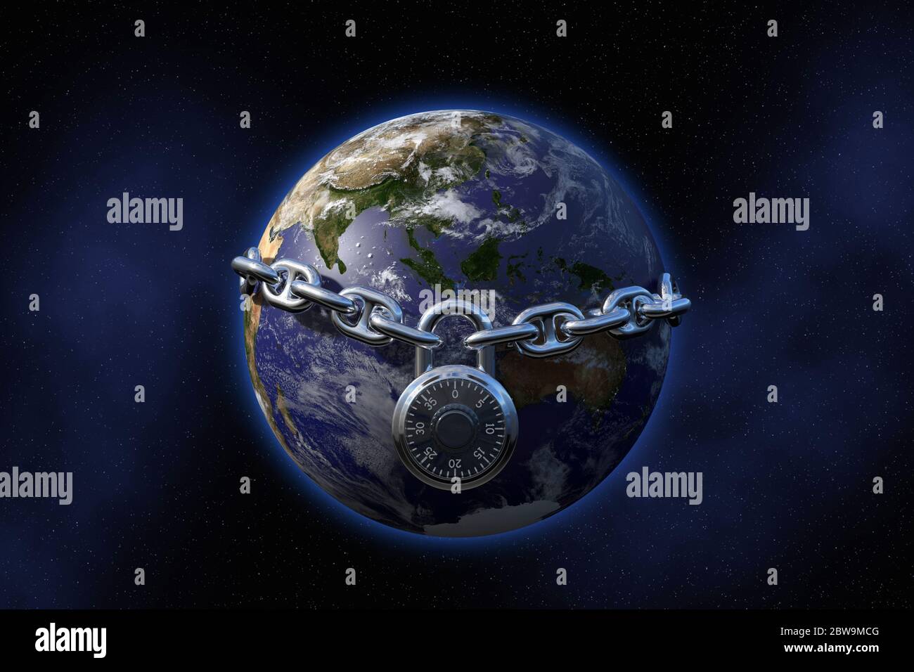 Padlock on chain surrounding globe in space Stock Photo - Alamy