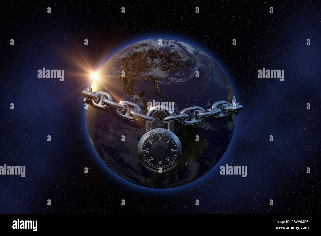 Padlock on chain surrounding globe in space Stock Photo - Alamy
