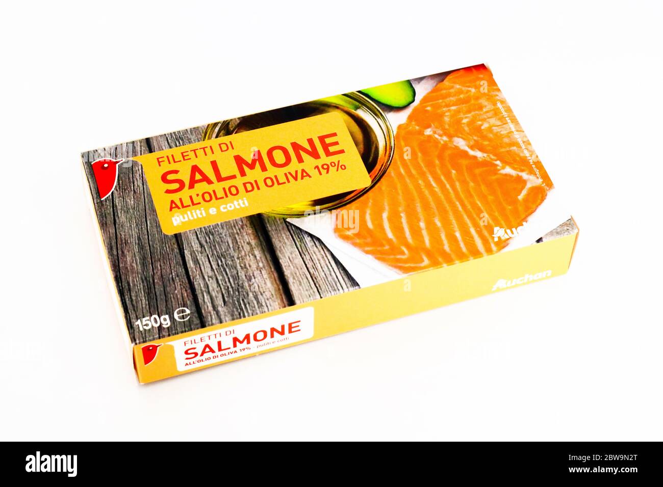 canned Salmon sold by Auchan supermarket chain Stock Photo - Alamy