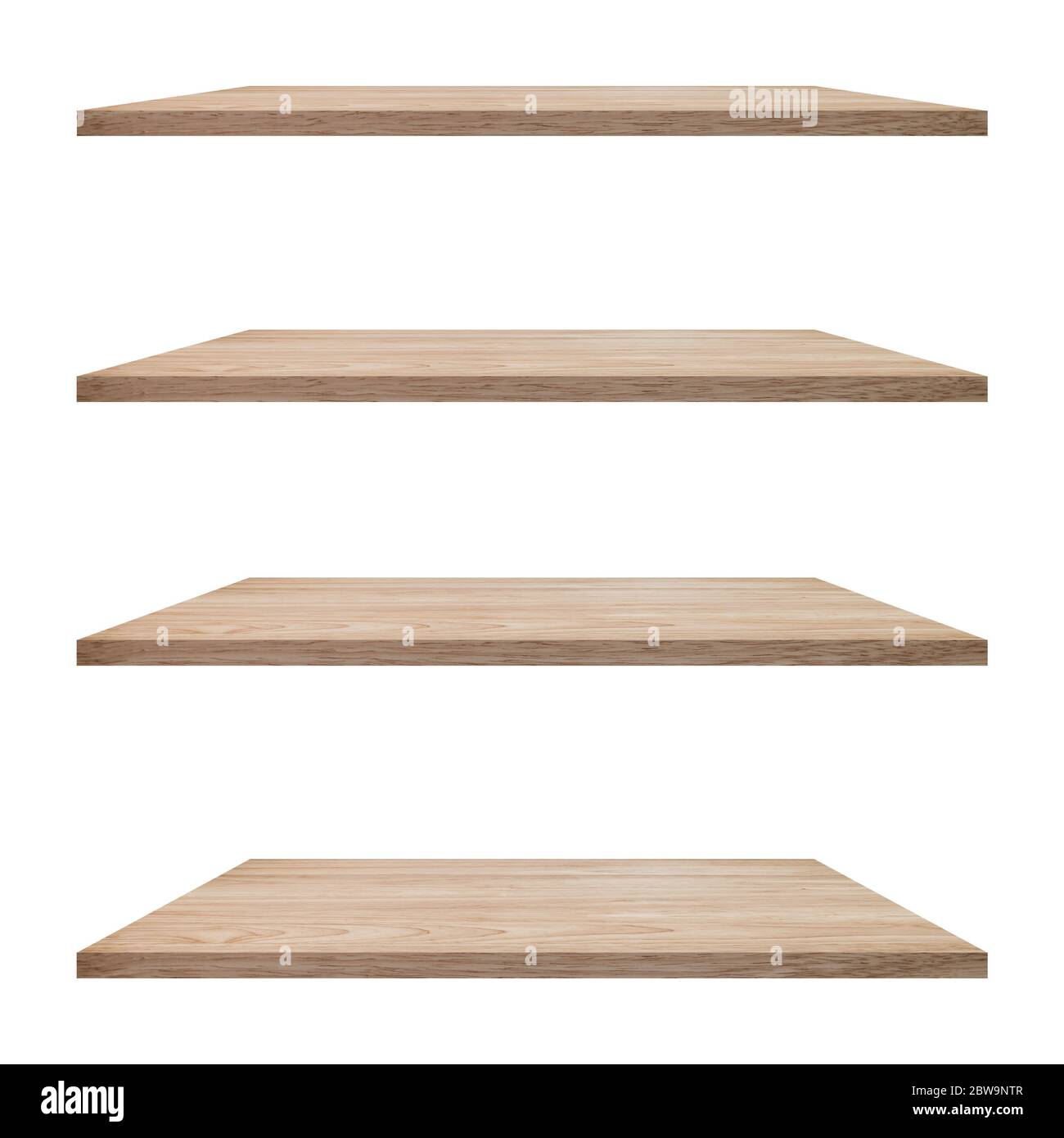 4 Wood shelves table isolated on white background and display montage ...