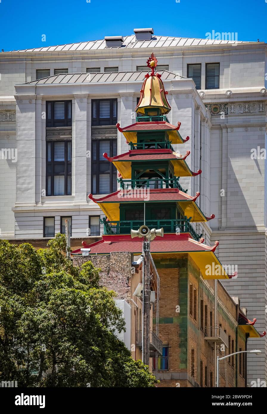Modern buildings and historic Chinese Pagoda Tower in Chinatown near ...