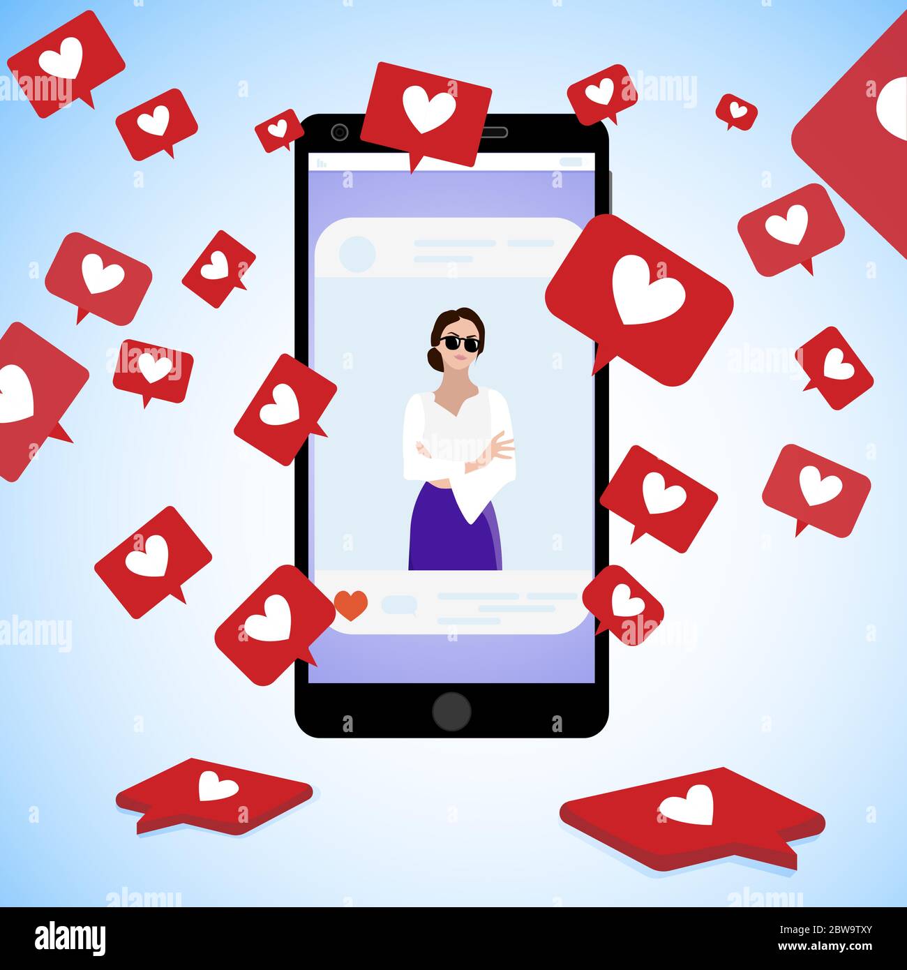 Social popularity in media. Popular post woman in social media with ...