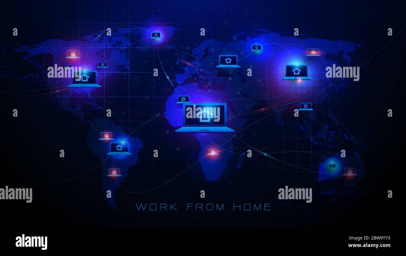 Working at home concept. Technology laptop connecting on world maps ...