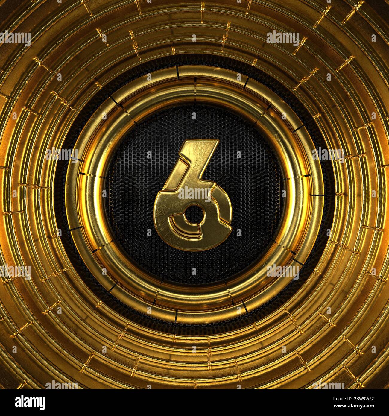 Gold number 6 (number six) with perforated black metal background and ...