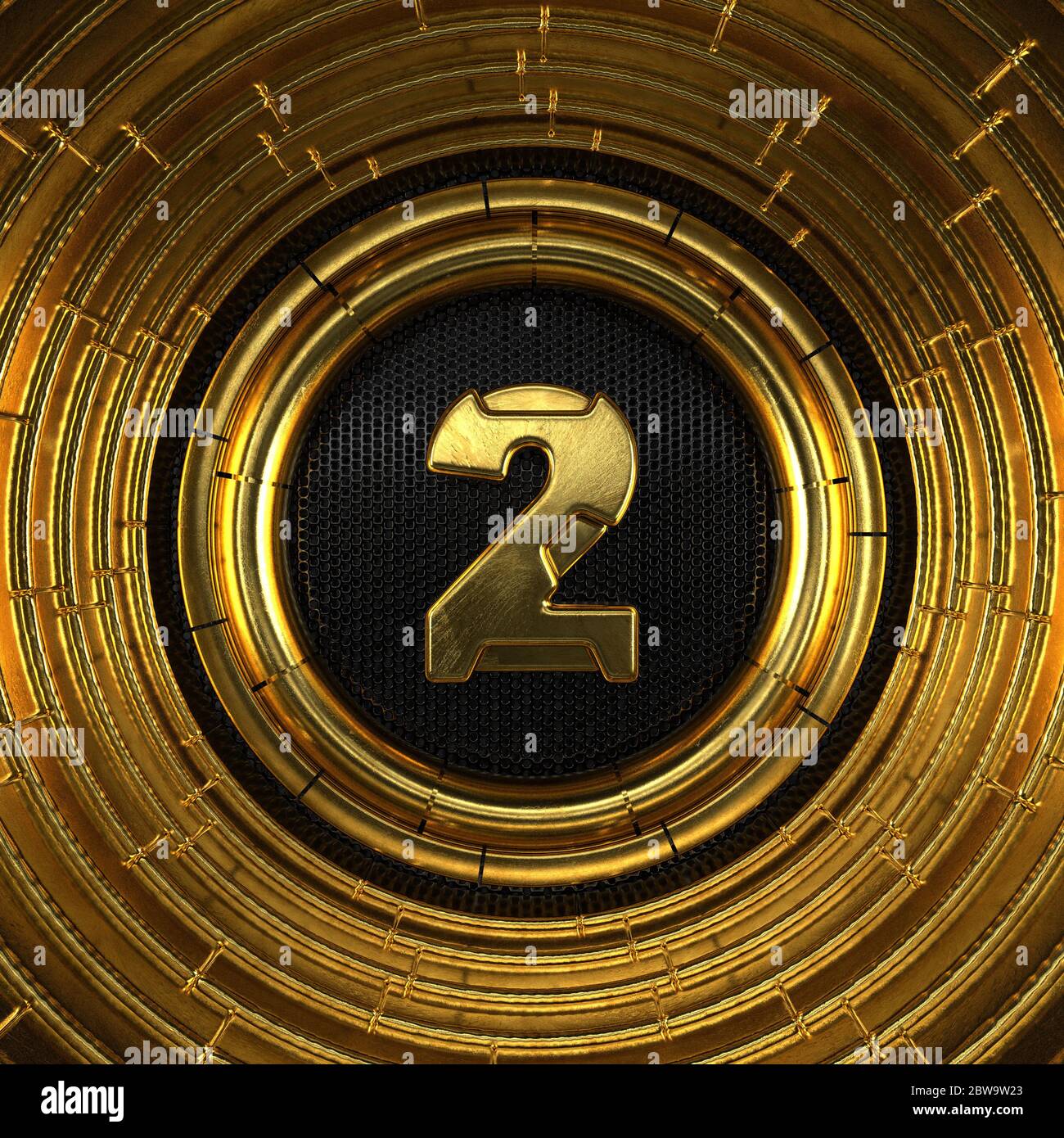 Gold number 2 (number two) with perforated black metal background and ...