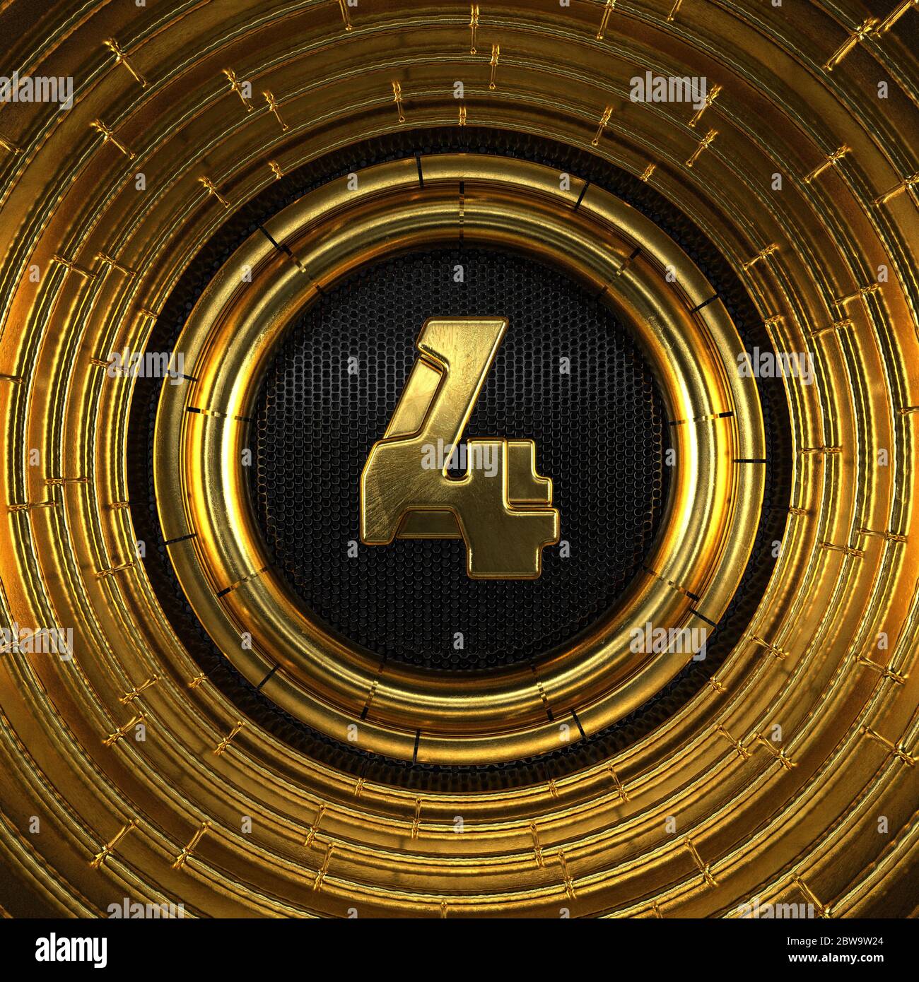 Gold number 4 (number four) with perforated black metal background and ...