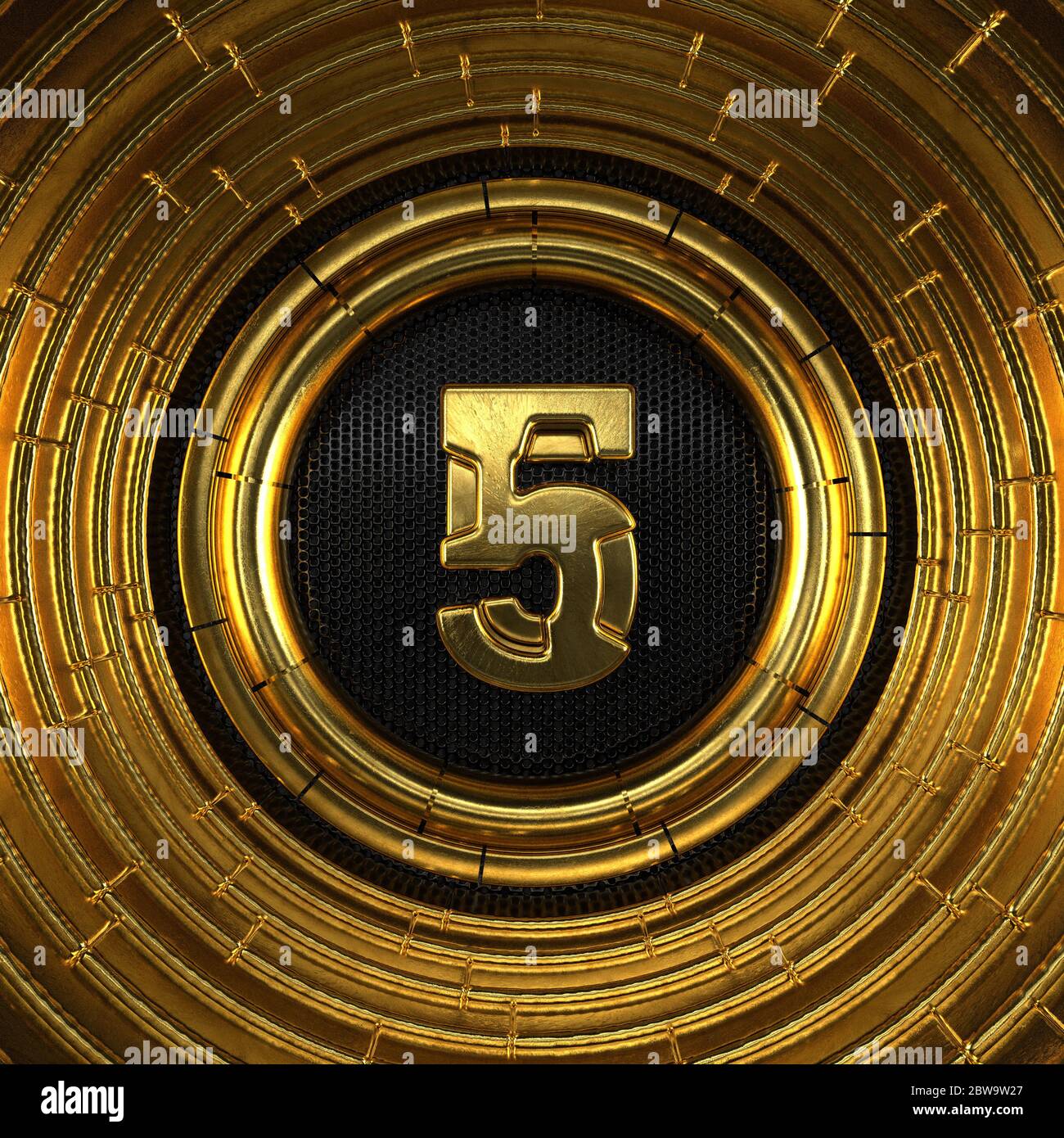 Gold number 5 (number five) with perforated black metal background and ...