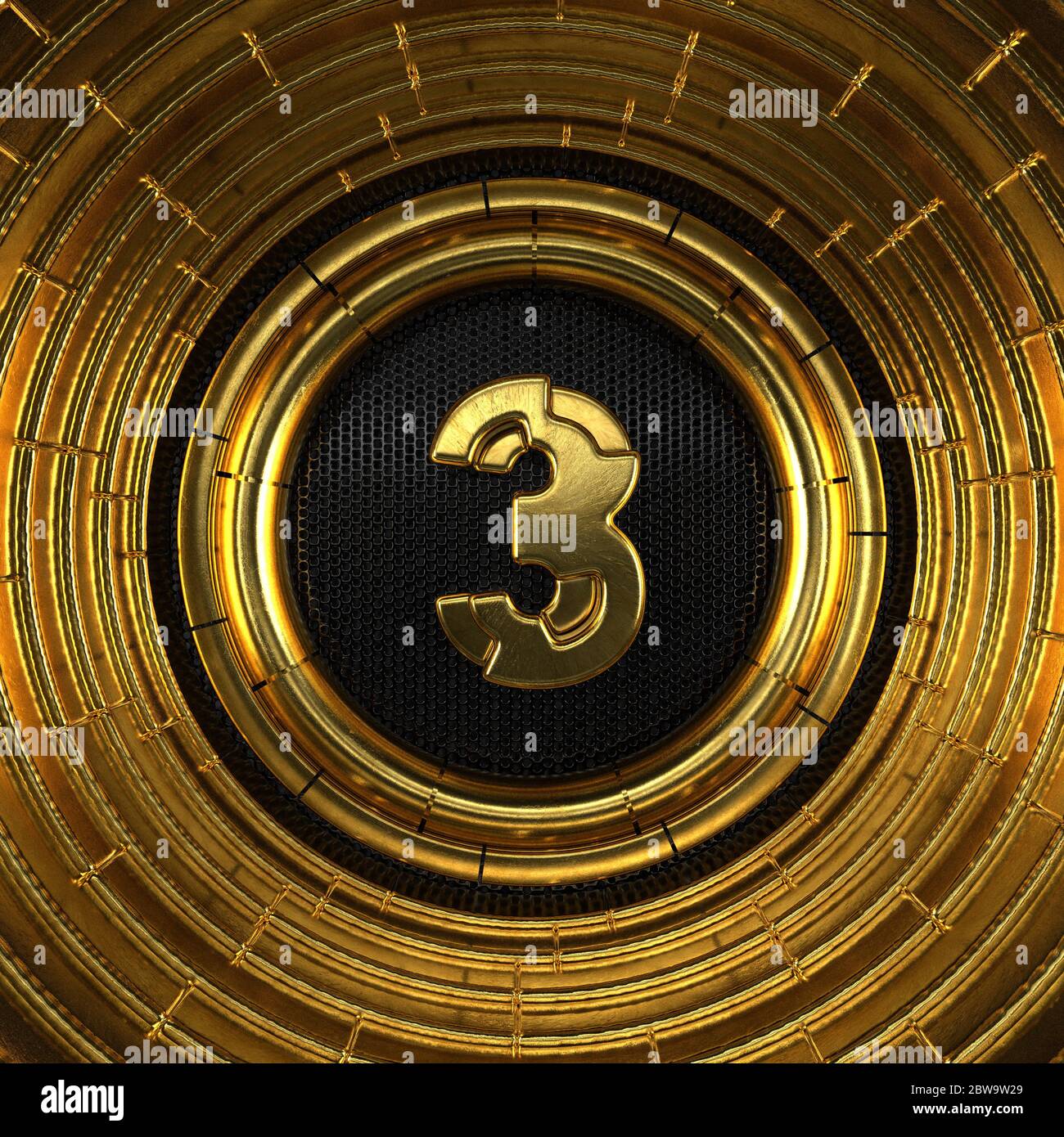 Gold number 3 (number three) with perforated black metal background and ...