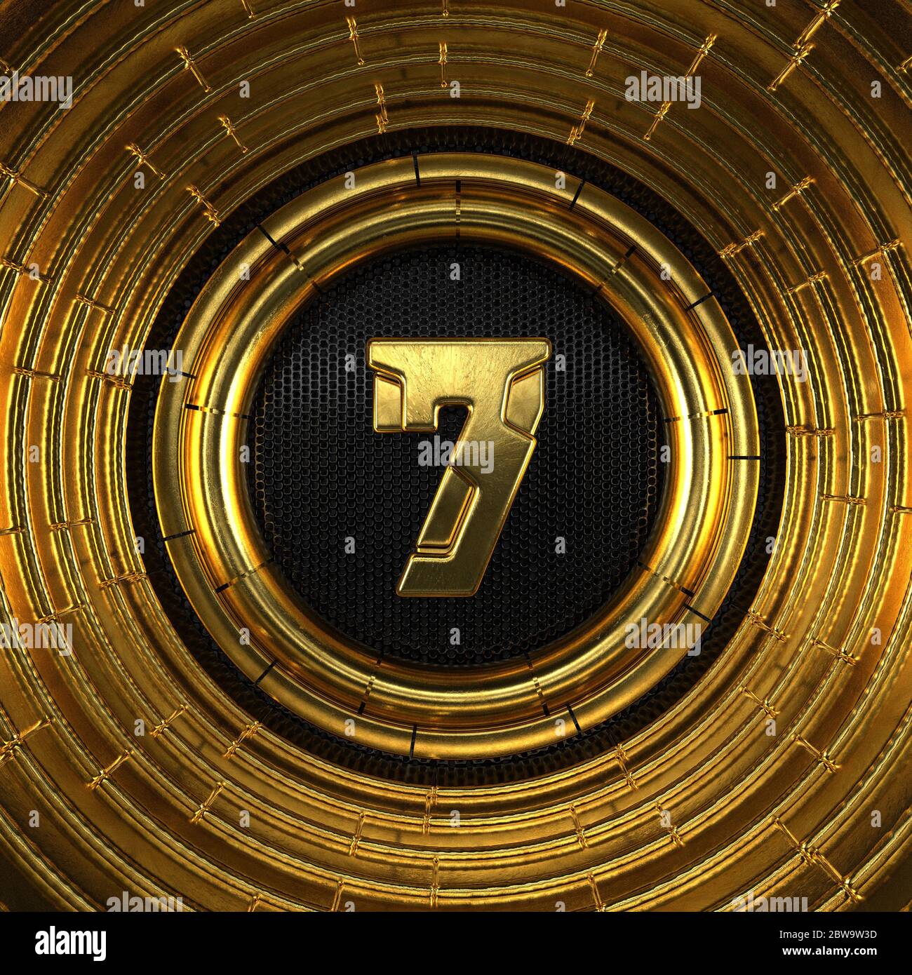 Gold number 7 (number seven) with perforated black metal background and ...