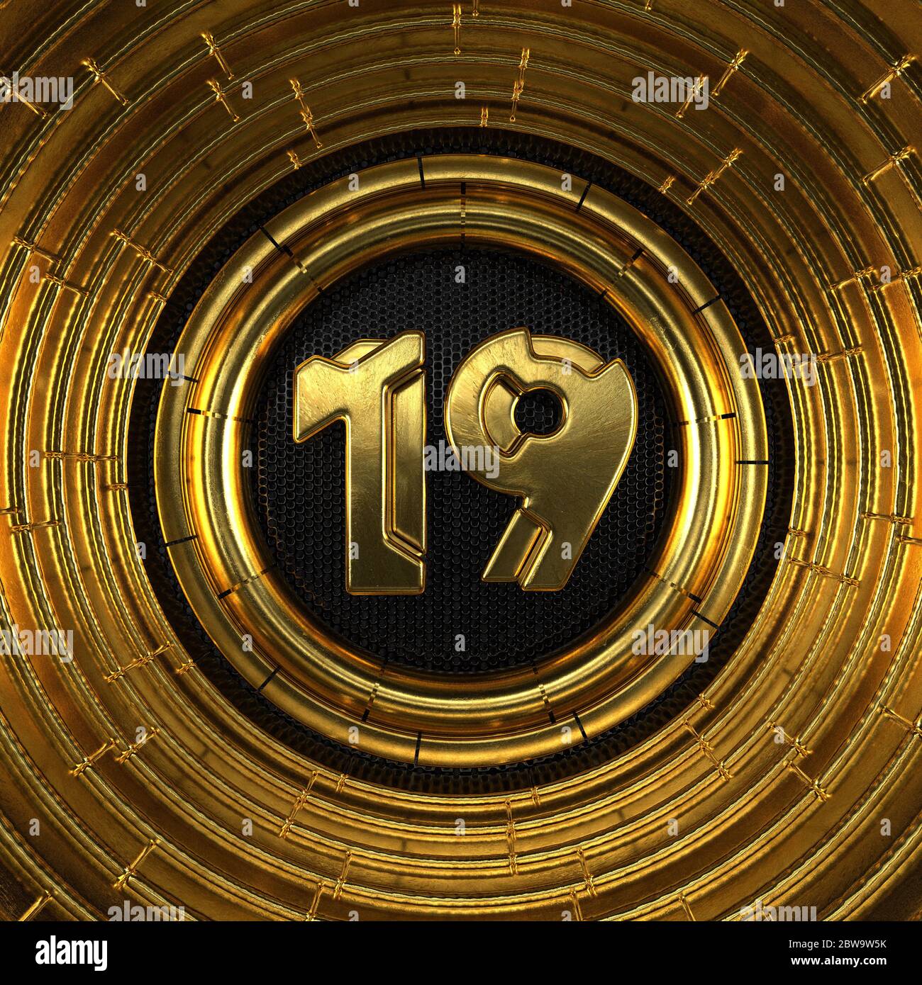 Gold number 19 (number nineteen) with perforated black metal background ...