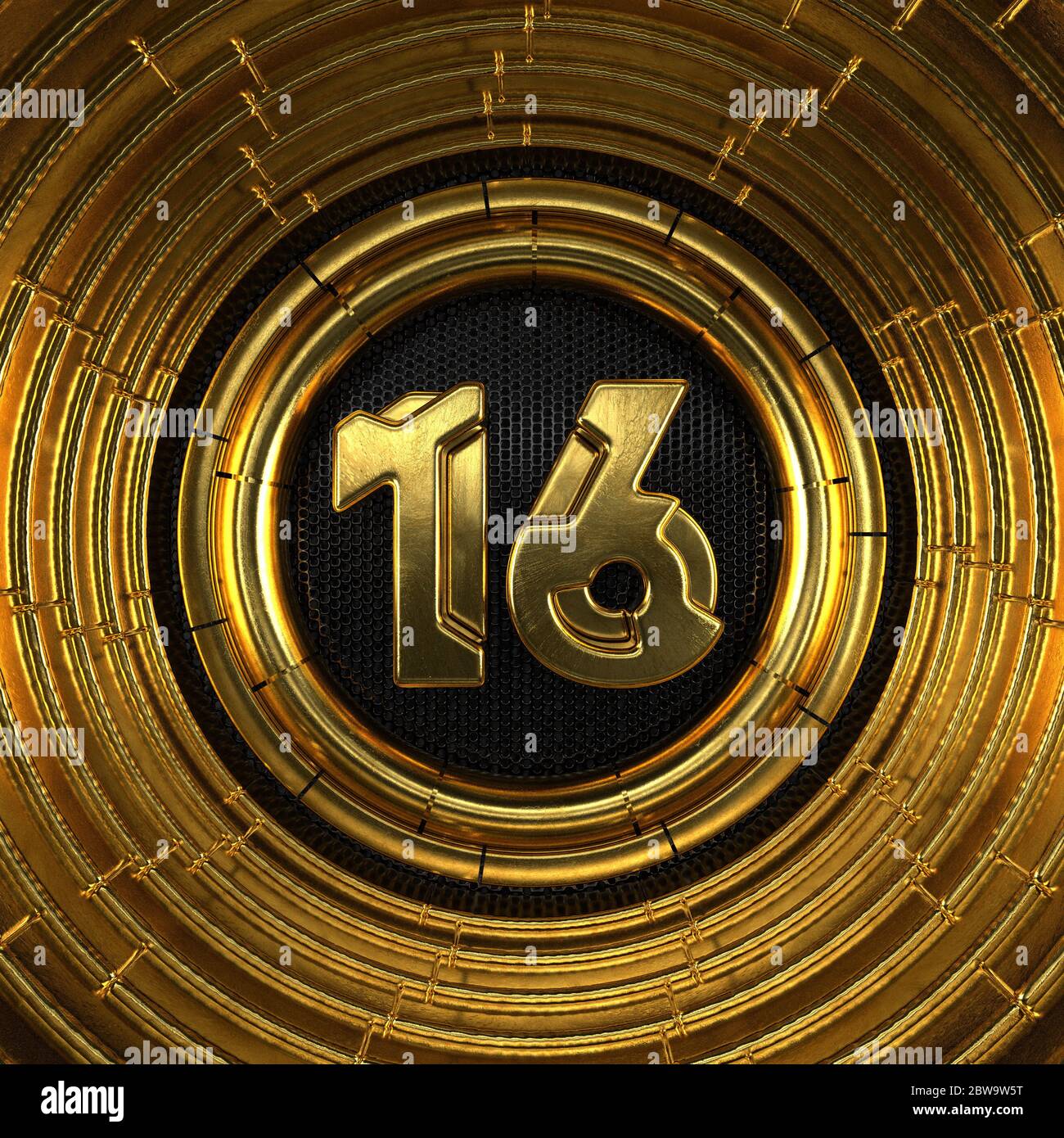 Gold number 16 (number sixteen) with perforated black metal background ...