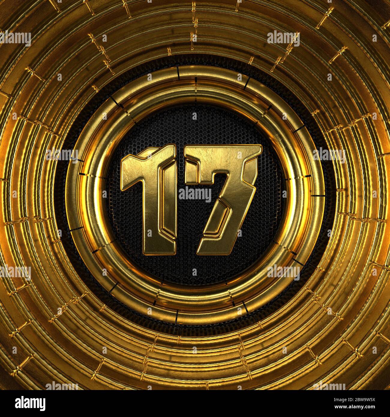 Gold number 17 (number seventeen) with perforated black metal ...