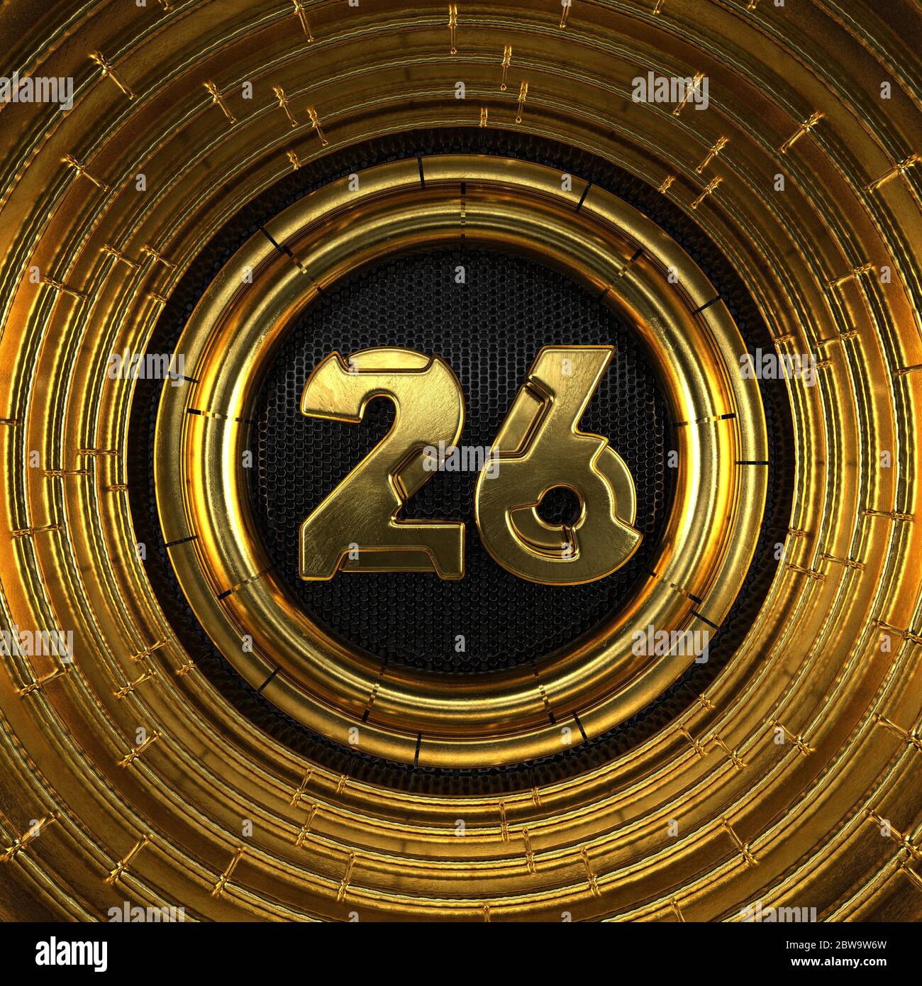Gold number 26 (number twenty-six) with perforated black metal ...