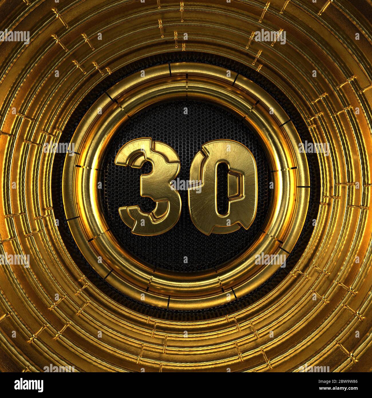 Gold number 30 (number thirty) with perforated black metal background ...