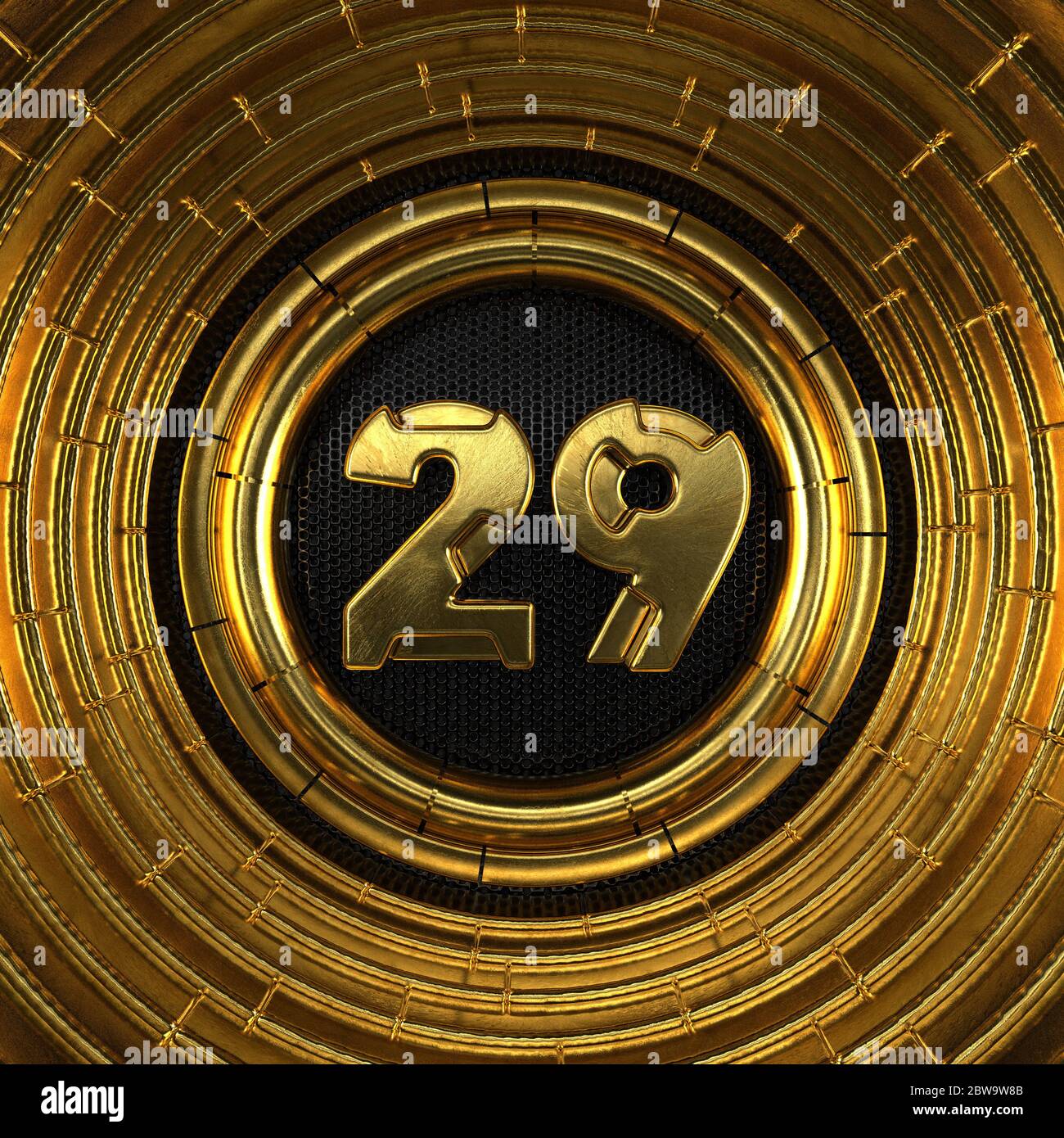Gold number 29 (number twenty-nine) with perforated black metal ...