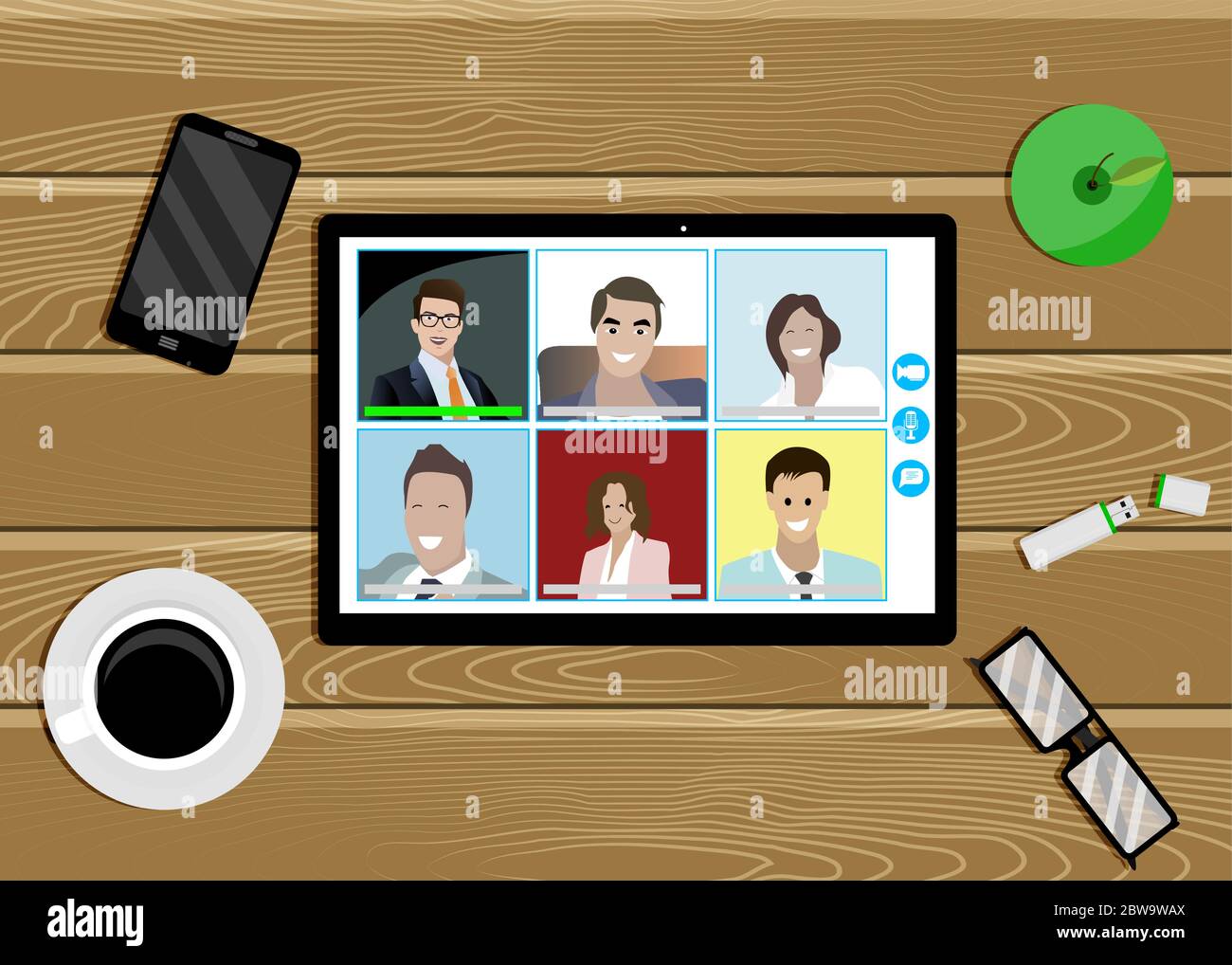 Top view work place at home, conversation and communication online ...