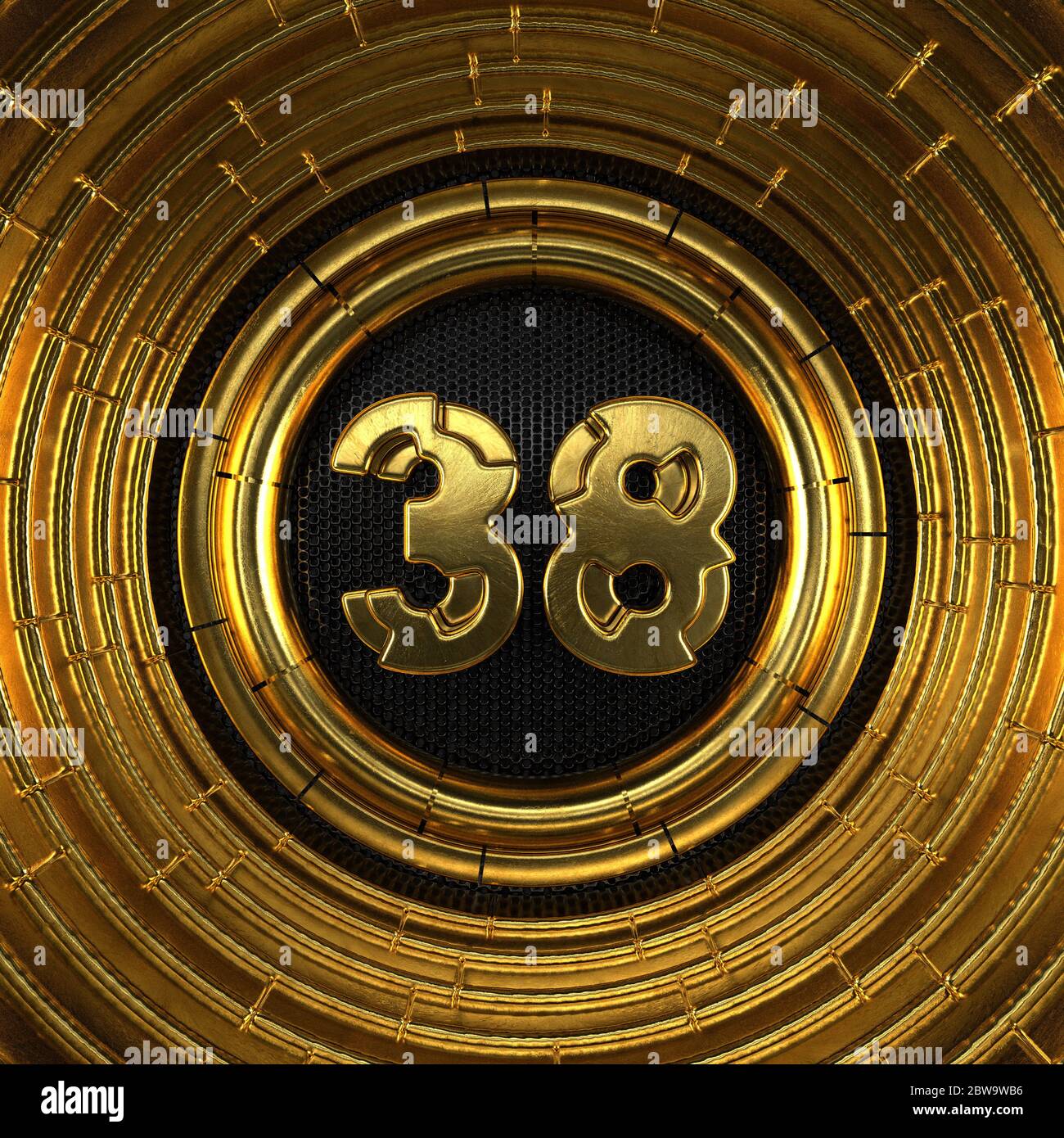 Gold number 38 (number thirty-eight) with perforated black metal ...