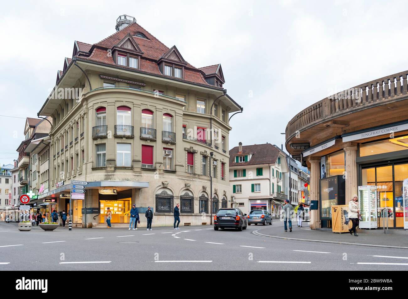 Interlaken, Switzerland - October 2019: Old European buildings located ...
