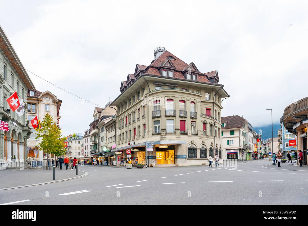 Interlaken, Switzerland - October 2019: Old European buildings located ...
